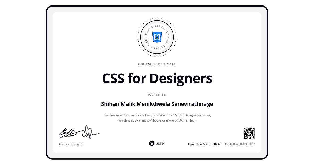 Certificate of completion for CSS Foundations | Uxcel